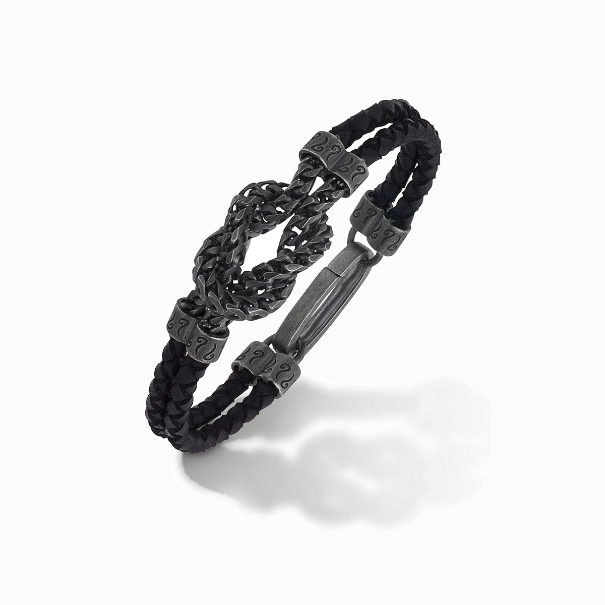 LASH Chain Reef Knot and Black Leather Bracelet in Oxidized Silver ...