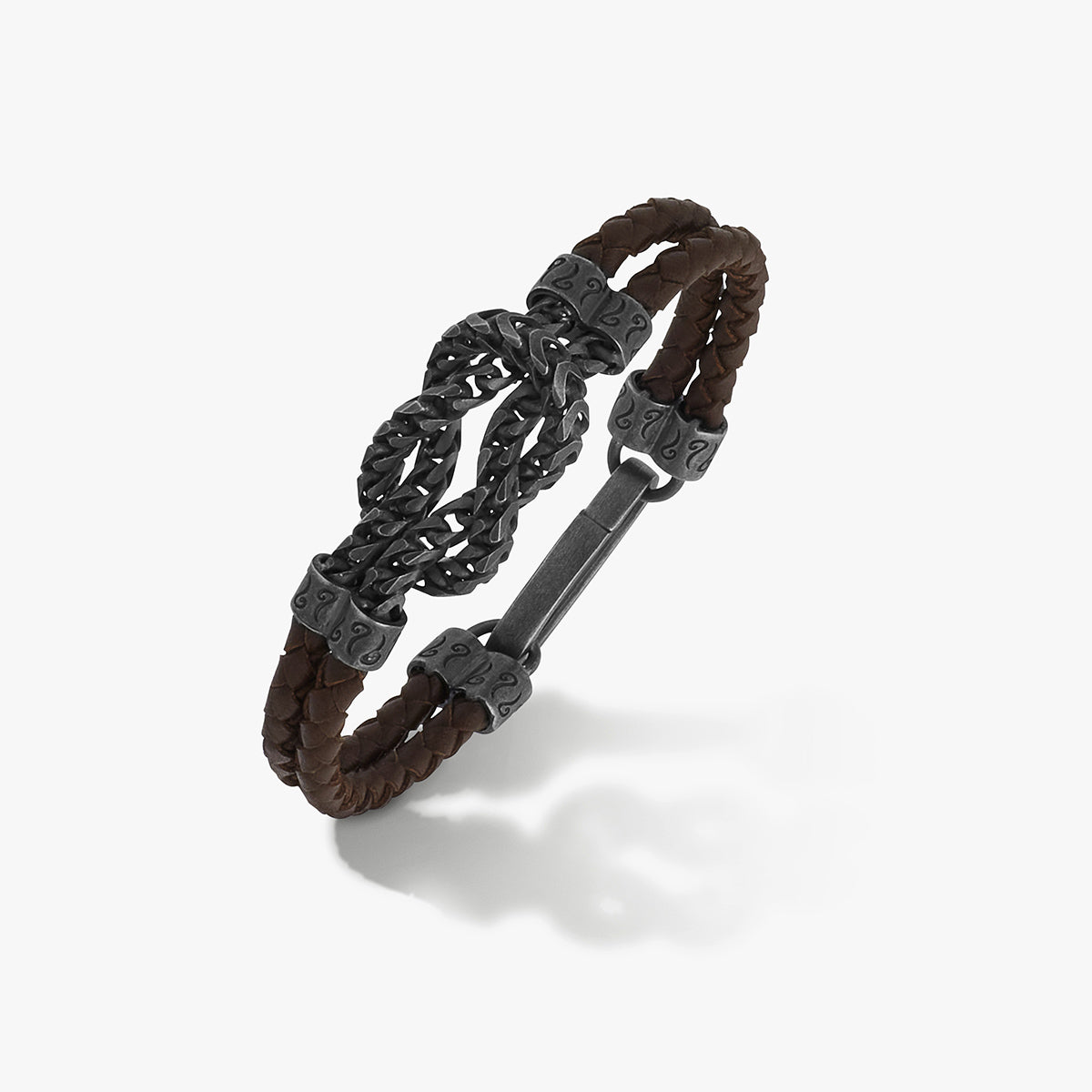 LASH Chain Reef Knot and Brown Leather Bracelet in Oxidized Silver ...